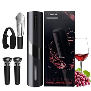 tebikin electric wine bottle opener，battery operated automatic wine bottle corkscrew opener with foil cutter,2 wine vacuum stopper，wine pourer for gift，home，party