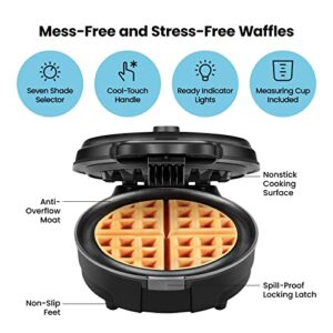 Chefman Anti-Overflow Waffle Maker, Belgian Waffle Iron with Seven Crunch Selector Settings, Mess-Free Moat Catches Excess Batter, Nonstick Electric Single Griddle Mold Makes 6-Inch Round Waffles