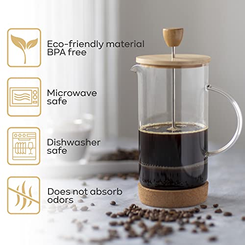 UpNew Style French Press Coffee Maker 34 Ounce, Cold Brew Coffee Maker, Stainless Steel French Press Glass, Heat-resistant Thickened Borosilicate Glass, Eco-friendly Bamboo lid, Cork Base