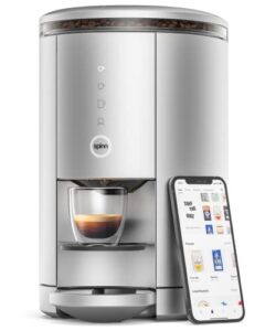 spinn espresso & coffee machine, smart wifi automatic coffee maker, cold brew & espresso machine combo with programmable centrifugal brewing & grinder, water supply line compatible, no refills, silver