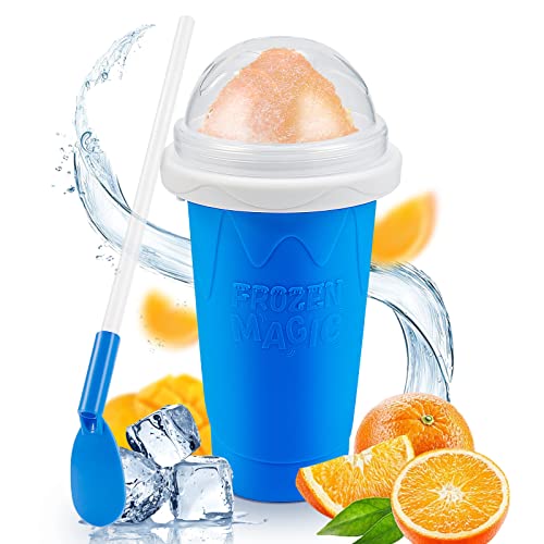 Slushy Maker Cup, TIK TOK Magic Quick Frozen Smoothies Cup, Portable Double Layer Slushy Maker Cup, Slushie Machine with Straw and Spoon, Ice Cream Maker for Kids and Family(Blue)