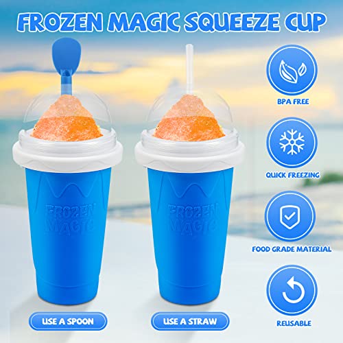 Slushy Maker Cup, TIK TOK Magic Quick Frozen Smoothies Cup, Portable Double Layer Slushy Maker Cup, Slushie Machine with Straw and Spoon, Ice Cream Maker for Kids and Family(Blue)