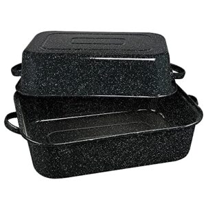 granite ware 25 lb. enamelware oven rectangular roaster with lid. capacity 19.5 in (speckled black). dishwasher safe. easy to clean.