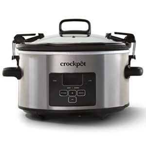 crock-pot 4 quart travel proof cook and carry programmable slow cooker with locking lid, convenient handles, and digital display, stainless steel