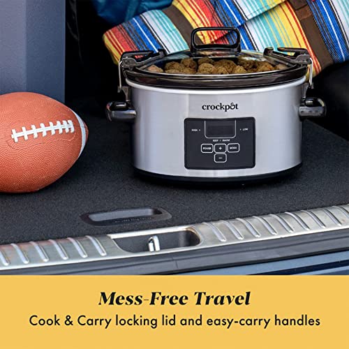 Crock-Pot 4 Quart Travel Proof Cook and Carry Programmable Slow Cooker with Locking Lid, Convenient Handles, and Digital Display, Stainless Steel