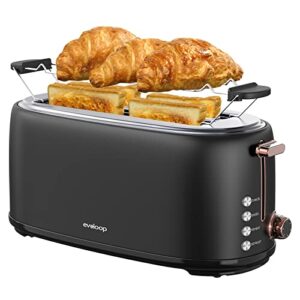 evoloop 4 slice toaster, 1.5" extra wide slots stainless steel toaster with warming rack, 6 shade settings & removable crumb tray, bagel/defrost/reheat/cancel, long slot toaster for croissants bread