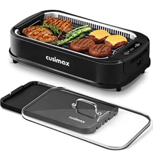 indoor grill, cusimax smokeless grill indoor, 1500w electric grill griddle korean bbq grill with led smart display & tempered glass lid, non-stick removable grill plate & griddle plate, black