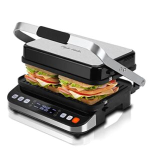 10 in 1 panini press sandwich maker, taylor swoden 1600w electric indoor grill with non-stick double sided plates, led touch screen, independent temperature control, opens 180 degrees, stainless steel