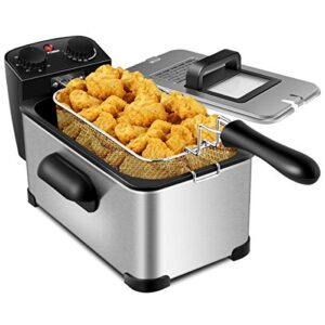 costway deep fryer with basket, 3.2qt stainless steel electric oil fryer w/adjustable temperature, timer, lid with view window, professional style, deep fryer pot for home use, french fries, chicken