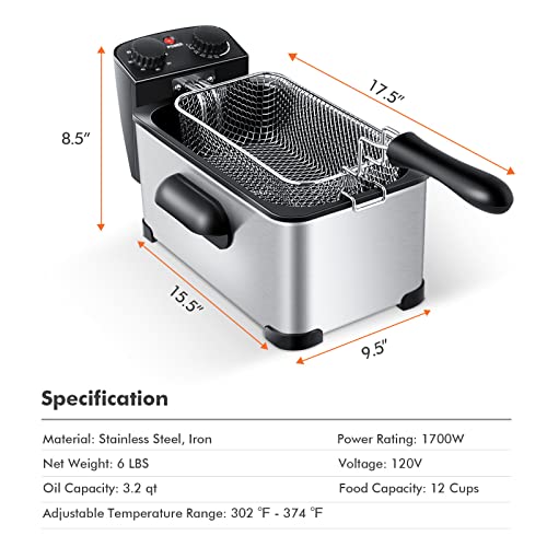 COSTWAY Deep Fryer with Basket, 3.2Qt Stainless Steel Electric Oil Fryer w/Adjustable Temperature, Timer, Lid with View Window, Professional Style, Deep Fryer Pot for Home Use, French Fries, Chicken