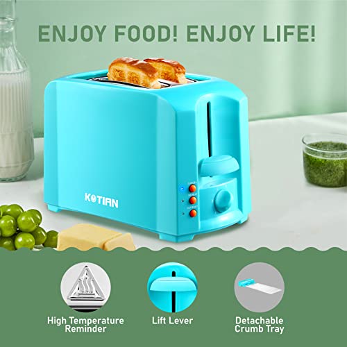 Toaster 2 Slice KOTIAN Compact Bread Toaster 6 Browning Settings,Cancel/Defrost/Reheat Function,Removable Crumb Tray,Turquoise Green,800W