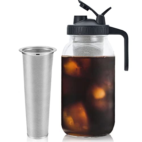 Jrssae Cold Brew Coffee Maker - 64oz Cold Brew Pitcher with Stainless Steel Super Dense Filter 3 Steps Finish Cold Brew Coffee, Classic BPA Free Sturdy Mason jar Pitcher with Black Lid Easy to Clean