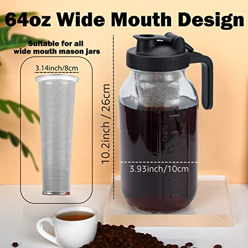 Jrssae Cold Brew Coffee Maker - 64oz Cold Brew Pitcher with Stainless Steel Super Dense Filter 3 Steps Finish Cold Brew Coffee, Classic BPA Free Sturdy Mason jar Pitcher with Black Lid Easy to Clean