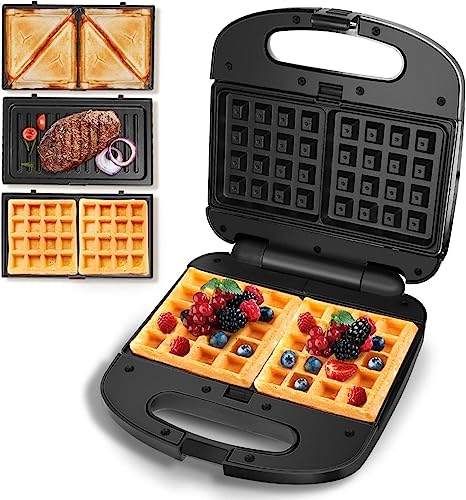 Sandwich Maker 3 in 1, Taylor Swoden Compact Waffle Maker with Removable Plates,Electric Panini Press Grill with Non-Stick Plates, LED Indicator Lights, Cool Touch Handle, Anti-Skid Feet