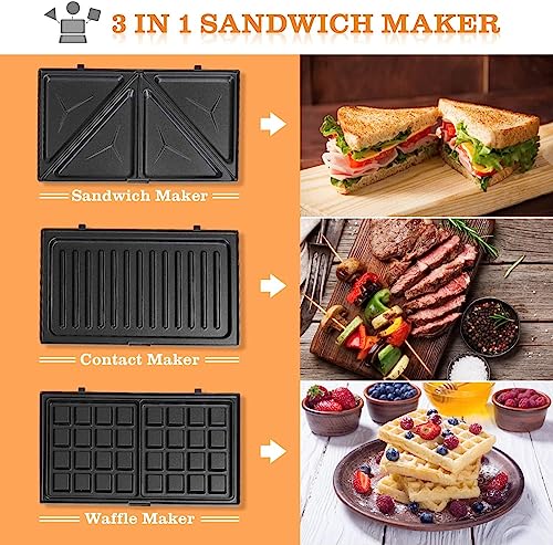 Sandwich Maker 3 in 1, Taylor Swoden Compact Waffle Maker with Removable Plates,Electric Panini Press Grill with Non-Stick Plates, LED Indicator Lights, Cool Touch Handle, Anti-Skid Feet