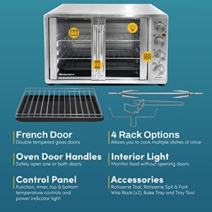 Elite Gourmet ETO4510B# French Door 47.5Qt, 18-Slice Convection Oven 4-Control Knobs, Bake Broil Toast Rotisserie Keep Warm, Includes 2 x 14" Pizza Racks, Stainless Steel