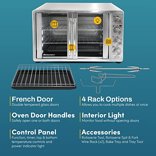 Elite Gourmet ETO4510B# French Door 47.5Qt, 18-Slice Convection Oven 4-Control Knobs, Bake Broil Toast Rotisserie Keep Warm, Includes 2 x 14" Pizza Racks, Stainless Steel