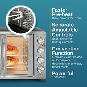 Elite Gourmet ETO4510B# French Door 47.5Qt, 18-Slice Convection Oven 4-Control Knobs, Bake Broil Toast Rotisserie Keep Warm, Includes 2 x 14" Pizza Racks, Stainless Steel