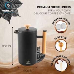 VenDan French Press - French Press Coffee Maker 34 oz (1l) - Stainless Steel Coffee Press with Double Insulated Wall - Incl. 2x Filter & Coffee Spoon