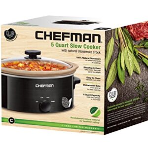 Chefman 5 Qt. Slow Cooker, All-Natural, Glaze & Chemical-Free Pot , Stovetop or Oven Cooking, Dishwasher Safe Crock; Naturally Nonstick & Paleo-Friendly, Low-Lead Stoneware, Bonus Recipes Included