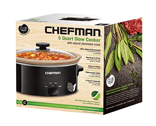 Chefman 5 Qt. Slow Cooker, All-Natural, Glaze & Chemical-Free Pot , Stovetop or Oven Cooking, Dishwasher Safe Crock; Naturally Nonstick & Paleo-Friendly, Low-Lead Stoneware, Bonus Recipes Included