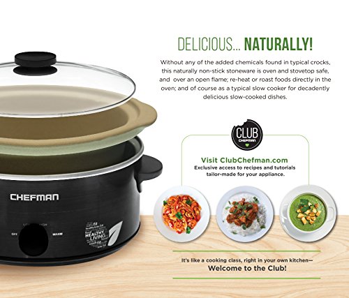 Chefman 5 Qt. Slow Cooker, All-Natural, Glaze & Chemical-Free Pot , Stovetop or Oven Cooking, Dishwasher Safe Crock; Naturally Nonstick & Paleo-Friendly, Low-Lead Stoneware, Bonus Recipes Included