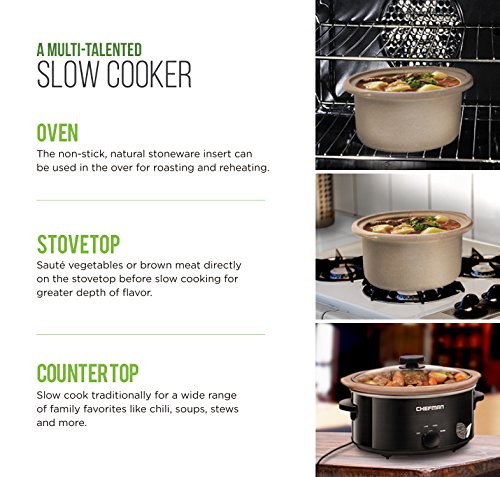 Chefman 5 Qt. Slow Cooker, All-Natural, Glaze & Chemical-Free Pot , Stovetop or Oven Cooking, Dishwasher Safe Crock; Naturally Nonstick & Paleo-Friendly, Low-Lead Stoneware, Bonus Recipes Included