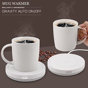 BESTINNKITS Smart Coffee Set Auto On/Off Gravity-Induction Mug Office Desk Use, Candle Wax Cup Warmer Heating Plate (Up to 131F/55C), 14oz (White Set)