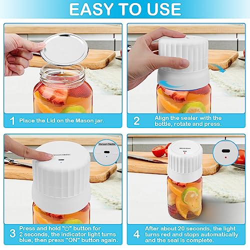 Electric Mason Jar Vacuum Sealer, All in One Vacuum Sealer for Jars Canning Sealer with Indicator Light Fits Wide-Mouth & Regular-Mouth Mason Jars, Handheld Vacuum Pump Includes 12 Jar Lids - White