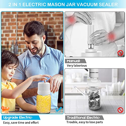 Electric Mason Jar Vacuum Sealer, All in One Vacuum Sealer for Jars Canning Sealer with Indicator Light Fits Wide-Mouth & Regular-Mouth Mason Jars, Handheld Vacuum Pump Includes 12 Jar Lids - White