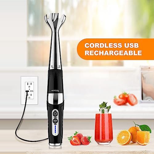 Cordless Hand Blender: 4-in-1 Rechargeable Cordless Immersion Blender Handheld, 21-Speed & 3-Angle Adjustable with 304 Stainless Steel Blades, Chopper, Beaker, Whisk and Beater for Milkshakes | Smoothies | Soup| Puree | Baby Food (Black)