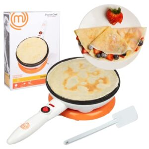 masterchef cordless crepe maker with non-stick dipping plate plus electric base and spatula, recipe guide included, fun baking gift