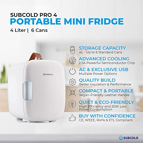 Subcold Pro4 Luxury Mini Fridge Cooler 4 Litre / 6 Cans AC & Exclusive USB ECO Power Option | Portable Small Refrigerator For The Office, Bedroom, Car, Travel, Skincare & Cosmetic (White)