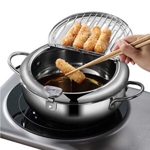 deep fryer pot - japanese tempura small deep fryer stainless steel frying pot with thermometer,lid and oil drip drainer rack for french fries shrimp chicken wings and shrimp (24cm/9.4inch)