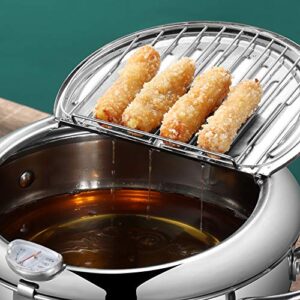 Deep Fryer Pot - Japanese Tempura Small Deep Fryer Stainless Steel Frying Pot With Thermometer,Lid And Oil Drip Drainer Rack for French Fries Shrimp Chicken Wings and Shrimp (24cm/9.4inch)