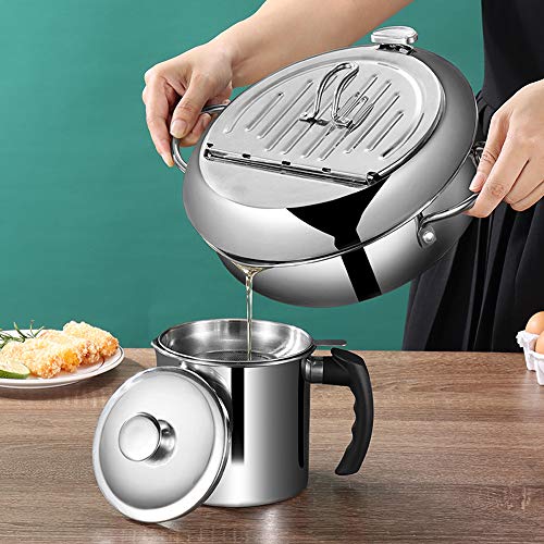 Deep Fryer Pot - Japanese Tempura Small Deep Fryer Stainless Steel Frying Pot With Thermometer,Lid And Oil Drip Drainer Rack for French Fries Shrimp Chicken Wings and Shrimp (24cm/9.4inch)