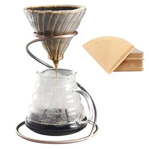 pour over coffee maker set – includes glass coffee dripper, metal dripper stand, heat resistance 600ml coffee server and 40 count paper coffee filters, 4 in 1 set for home or office (bronze set)