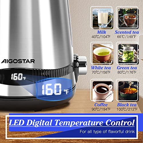 Aigostar Electric Kettle Temperature Control, Electric Tea Kettle with LED Display & 7 Presets, 304 Stainless Steel Hot Water Boiler with 120Min Keep Warm, Boil-Dry Protection, BPA Free,1.7L