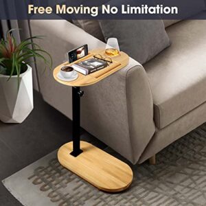 C-Shaped End Table, Bamboo Bathtub Tray Table with Adjustable Height, Small Side Table for Couch, Tray Table with rotatable for Bathtub, Living Room, Bedroom, Bedside, Natural Material