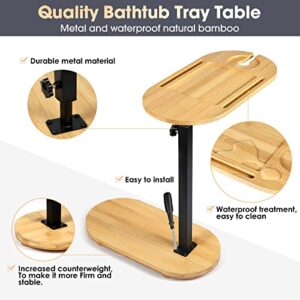 C-Shaped End Table, Bamboo Bathtub Tray Table with Adjustable Height, Small Side Table for Couch, Tray Table with rotatable for Bathtub, Living Room, Bedroom, Bedside, Natural Material