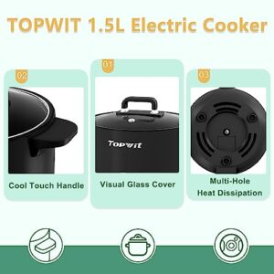 Topwit Electric Pot, 1.5L Non-stick Ramen Cooker, Multi-Function Hot Pot Electric for Pasta, Noodles, Steak, Egg, Electric Cooker with Dual Power Control, Over-Heating and Boil Dry Protection, Black