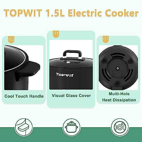 Topwit Electric Pot, 1.5L Non-stick Ramen Cooker, Multi-Function Hot Pot Electric for Pasta, Noodles, Steak, Egg, Electric Cooker with Dual Power Control, Over-Heating and Boil Dry Protection, Black