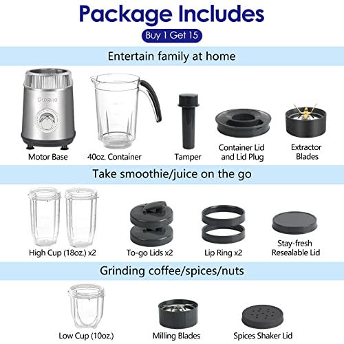 Duxano Personal Blender Set for Shakes and Smoothies,Powerful Ice-Crushing Portable Mixer with 40oz. Large Capacity Pitcher, 2x18oz. Travel Sports Bottles, Coffee Grinder,15-Piece, 2 Spout Lids - Perfect for Your Kitchen