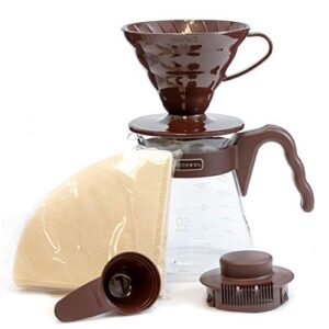 hario v60 pour over starter set with dripper, glass server, scoop and filters, size 02, brown