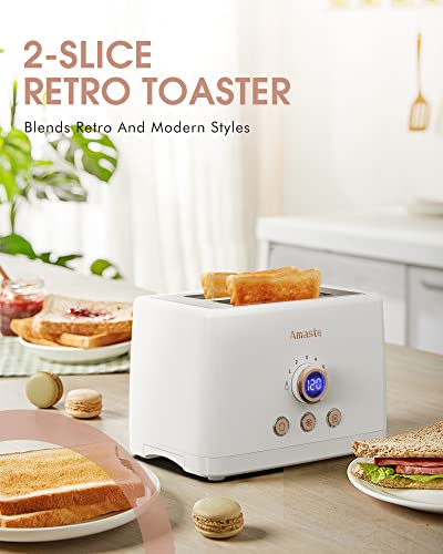 2 Slice Toaster, Retro Bread Toaster with LED Digital Countdown Timer, Extra Wide Slots Toasters with 6 Bread Shade Settings, Bagel, Cancel, Defrost Function, Stainless Steel with High Lift Lever, Removal Crumb Tray, White