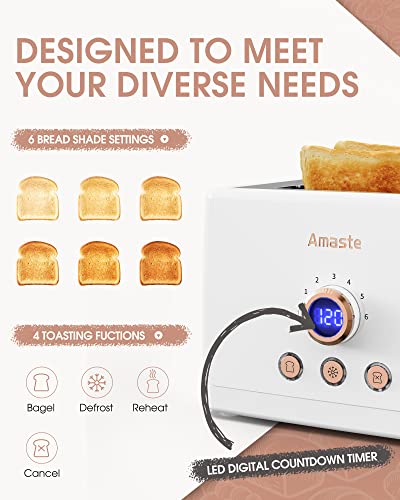 2 Slice Toaster, Retro Bread Toaster with LED Digital Countdown Timer, Extra Wide Slots Toasters with 6 Bread Shade Settings, Bagel, Cancel, Defrost Function, Stainless Steel with High Lift Lever, Removal Crumb Tray, White