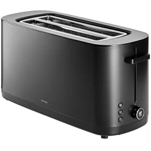 zwilling enfinigy cool touch 2 long slot toaster, 4 slices with extra wide 1.5" slots for bagels, 7 toast settings, even toasting, reheat, cancel, defrost, black