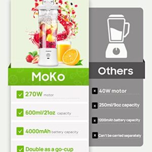 ＭoKo Portable Blender, 270 Watt Personal Blender for Shakes and Smoothies,21OZ Personal Blender USB Rechargeable with 6 Blades, BRA Free, Smoothie Blender for Kitchen Sports Travel and Outdoors,White