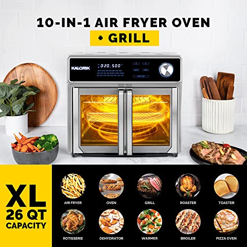 Kalorik MAXX® AFO 47631 SS AS SEEN ON TV Air Fryer Oven Grill (26 Qt) Digital Smokeless Indoor Grill and Air Fryer Oven Combo with 11 Accessories, Authentic BBQ, Rotisserie, and More | 1700W | Black & Stainless Steel (Renewed)