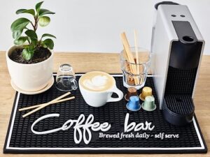 elevate your coffee game with the ultimate coffee bar mat for countertop - spill-proof, large 18 x 12" - protect your countertop with our durable rubber coffee mat  - perfect coffee station accessory